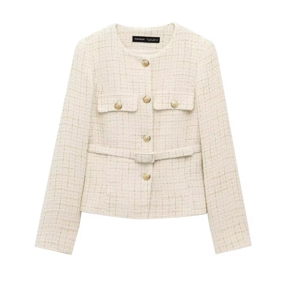 PB&ZA | Jackets & Coats | Pbza Cream Tweed Belted Blazer | Poshmark